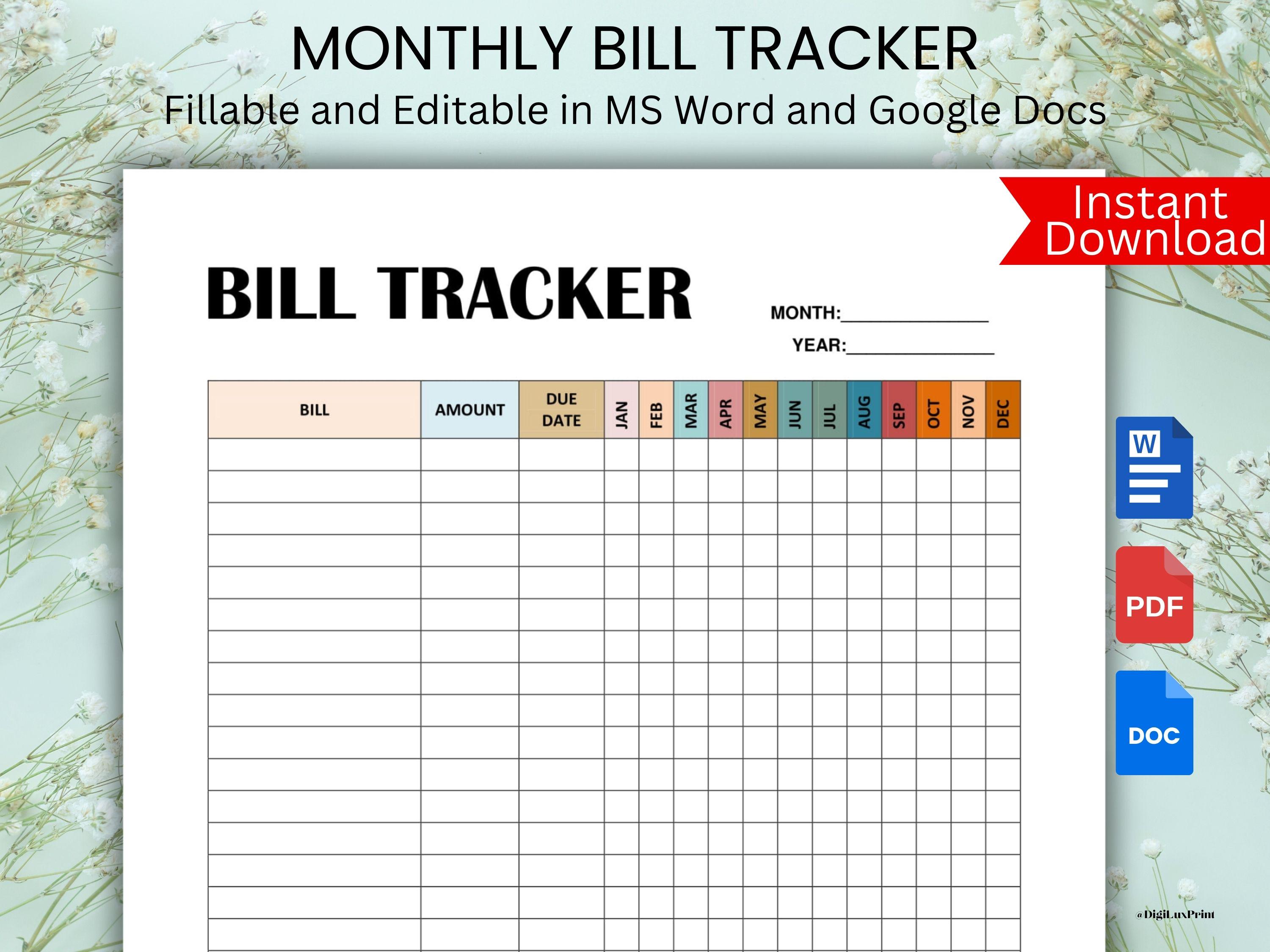 Editable Printable Yearly Bill Tracker, Monthly Bill Tracker, Bill ...