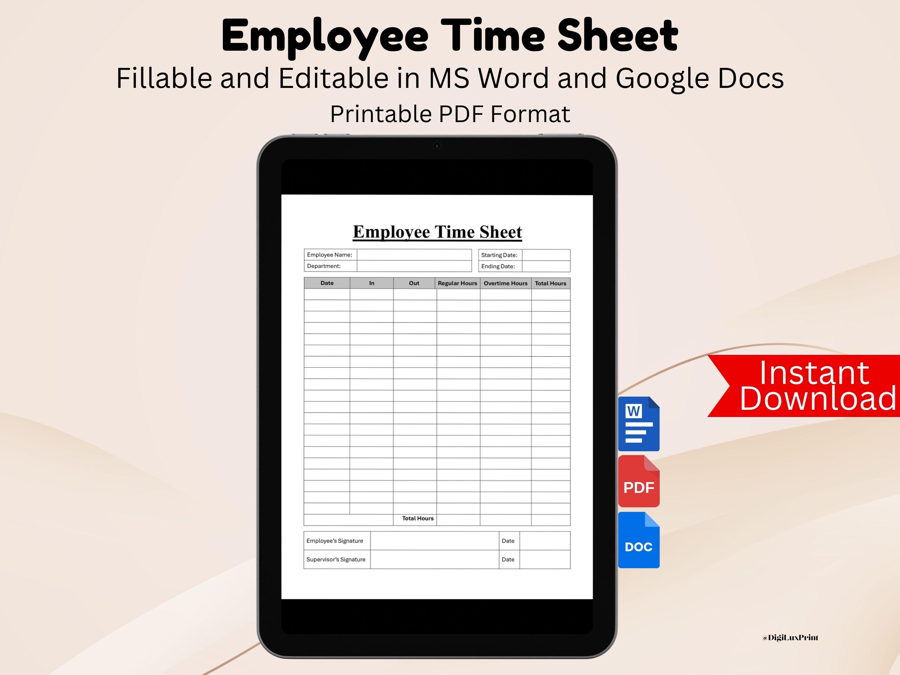Editable Employee Time Sheet Template Work Schedule Tracker Time Card ...