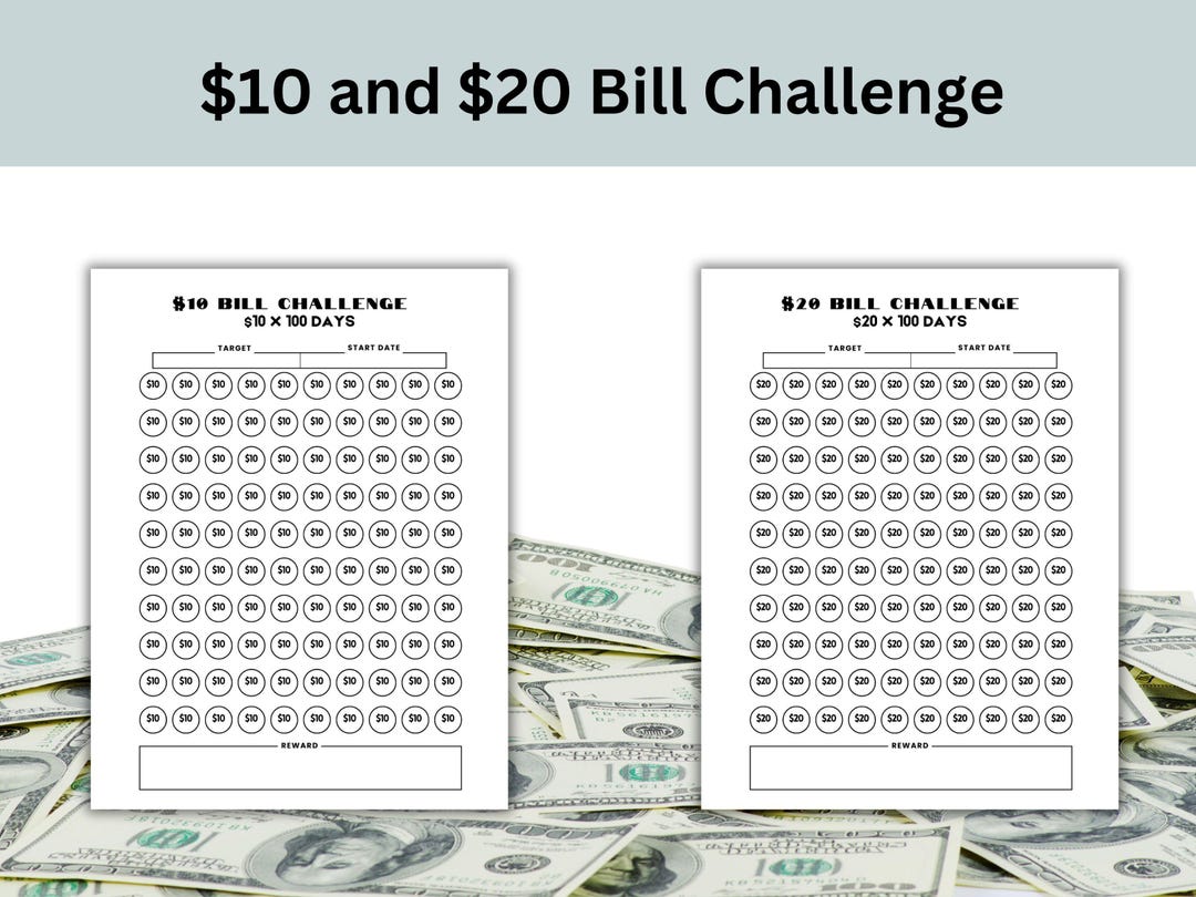 10 and 20 Dollar Bill Challenge Bundle, Printable Savings Challenge ...