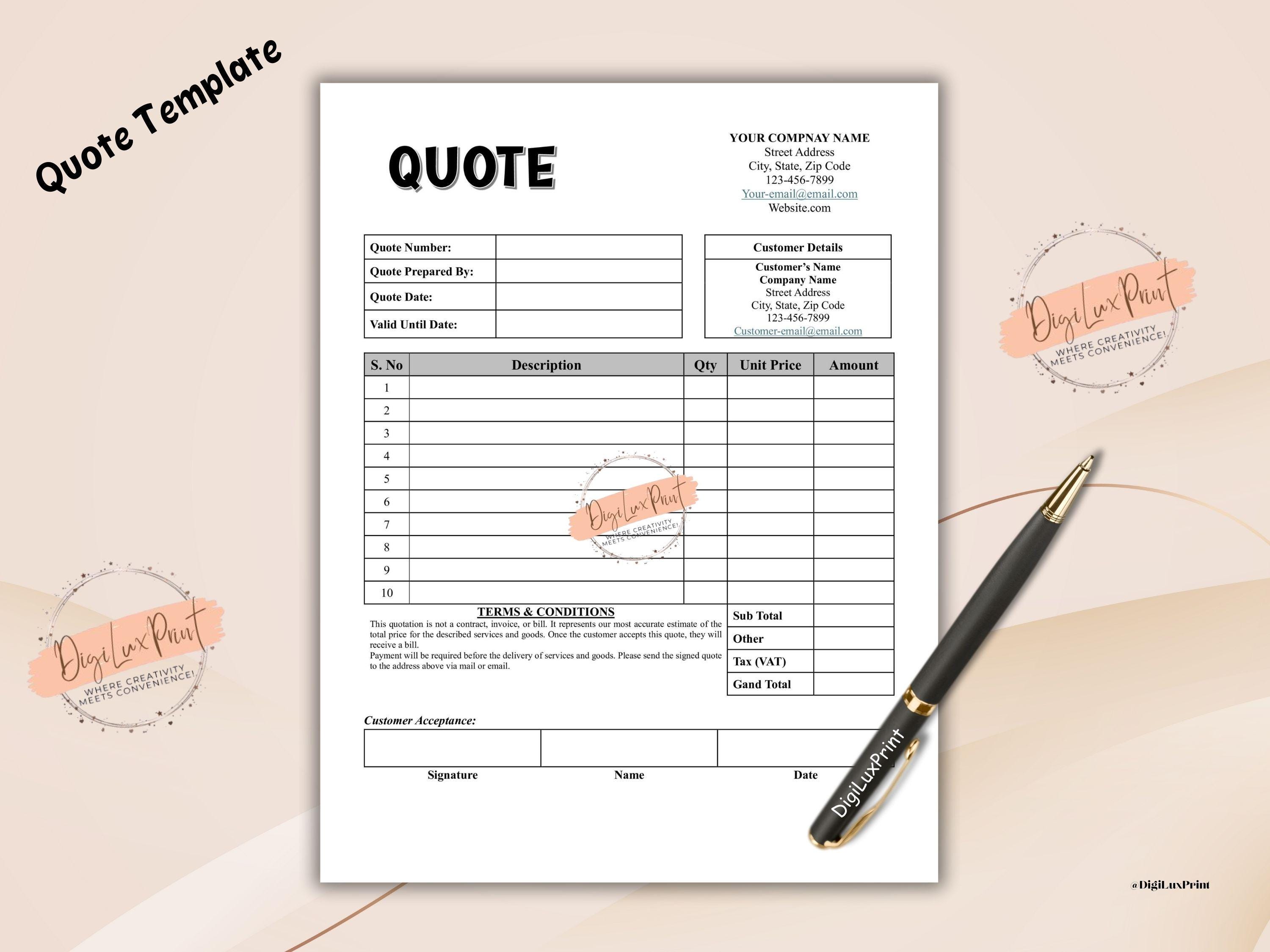 Editable Quote Template Quote Form for Small Business Job Proposal ...