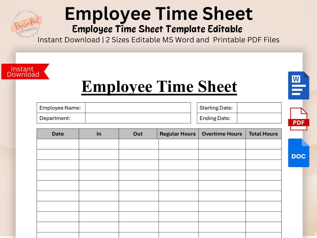 Editable Employee Time Sheet Template Work Schedule Tracker Time Card Employee Timekeeping Daily ...