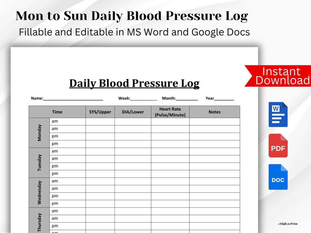 Mon to Sun Editable Daily Blood Pressure Log Tracker Sheet, Medical ...