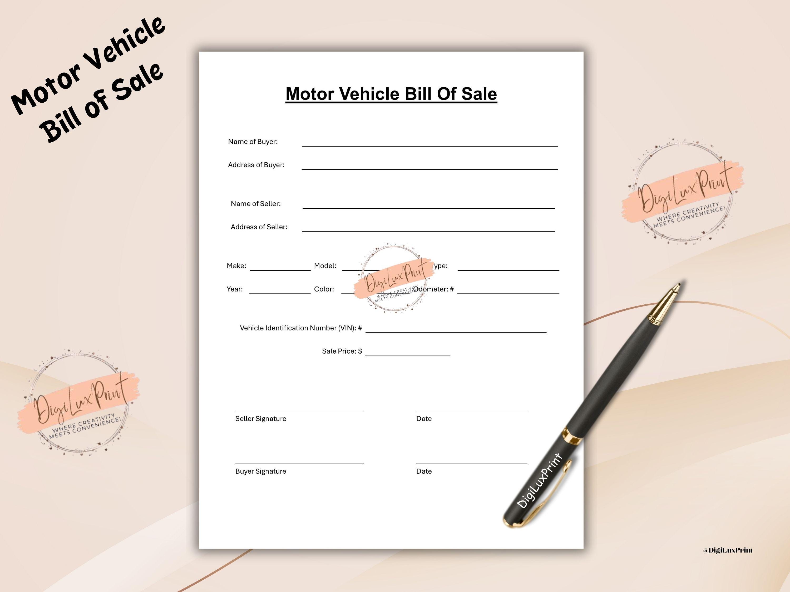 Editable Motor Vehicle Bill of Sale Printable Car Sale Form Bill of ...