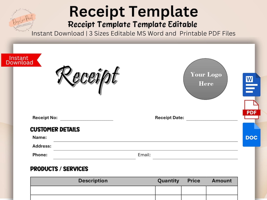 Editable Receipt Template | Customer Sales Receipt | Small Business ...