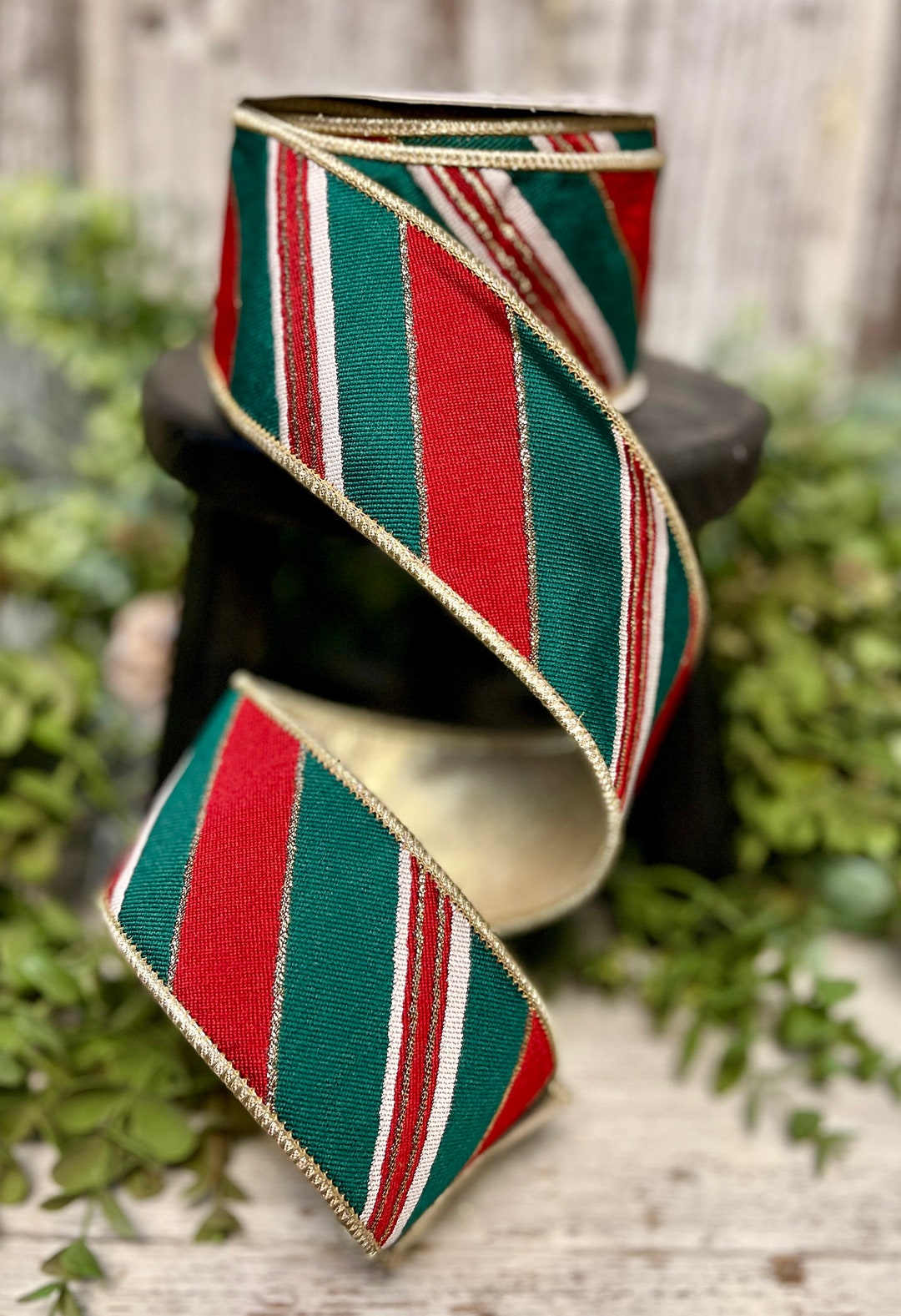 Red Green White Diagonal Stripe Ribbon, Ribbon for Wreaths, 2.5 Ribbon ...