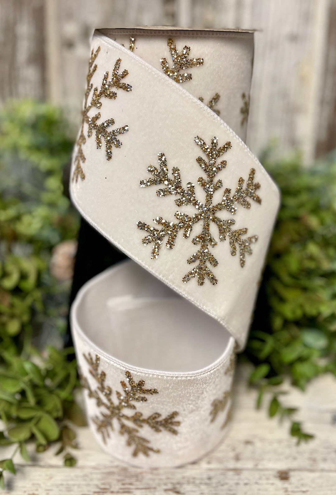 Glittered Snowflake Ribbon, Ribbon for Wreaths, Farrisilk Ribbon, 4 ...