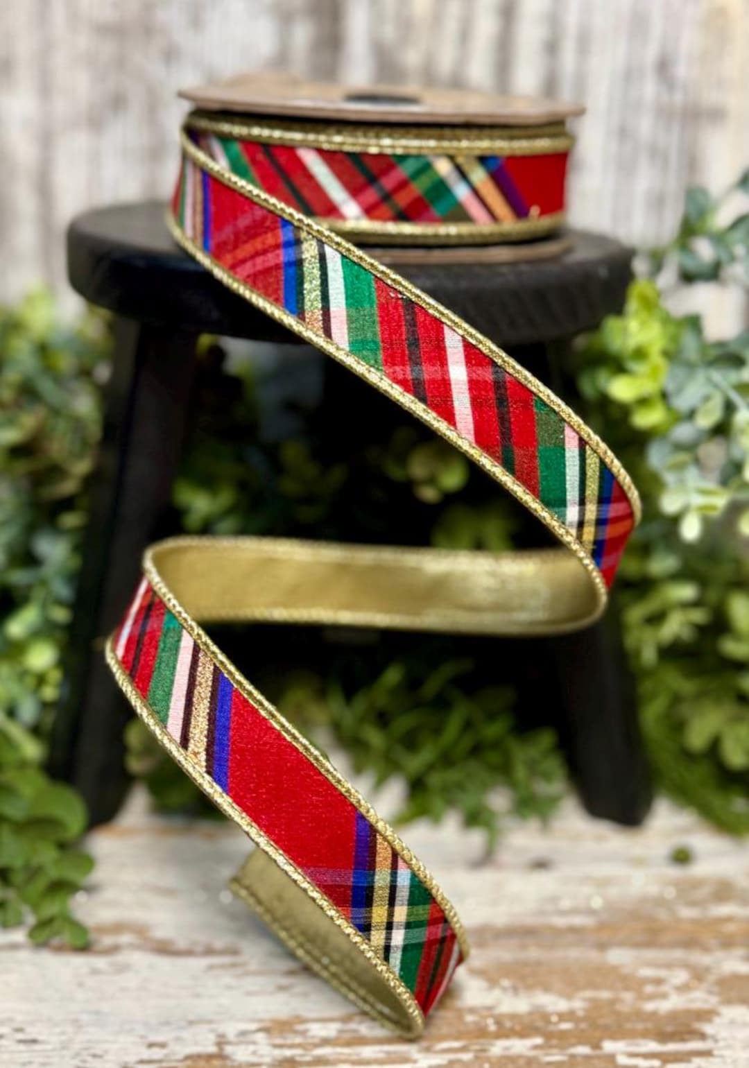 Nutcracker Plaid Ribbon W Gold Back, Ribbon for Wreaths, Designer ...