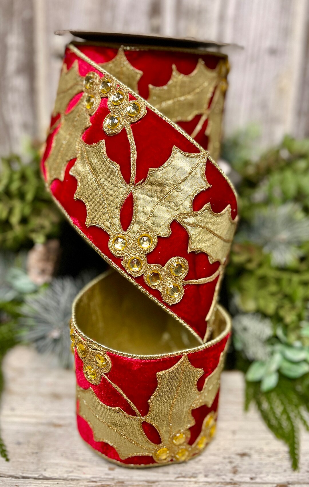 Holly Velvet Ribbon, Ribbon for Wreaths, Farrisilk Ribbon, 4 Ribbon ...