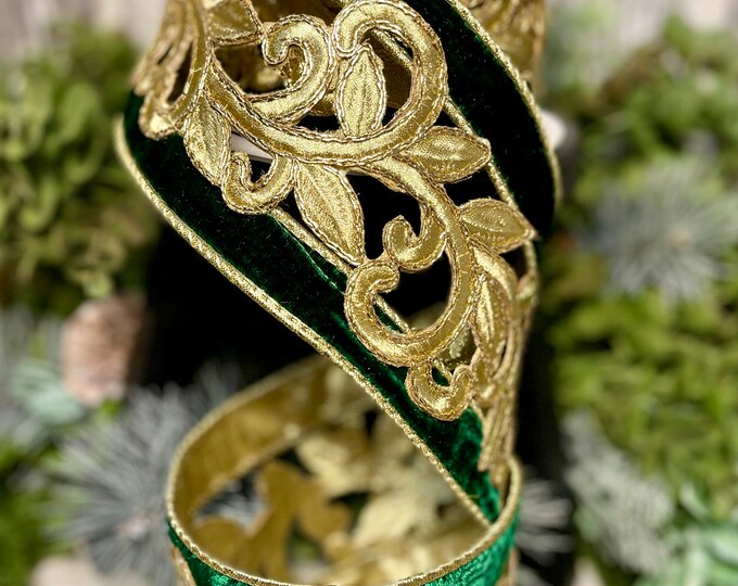 Emerald and Gold Ribbon, Farrisilk Ribbon, 4", Luxury Ribbon, Velvet ...
