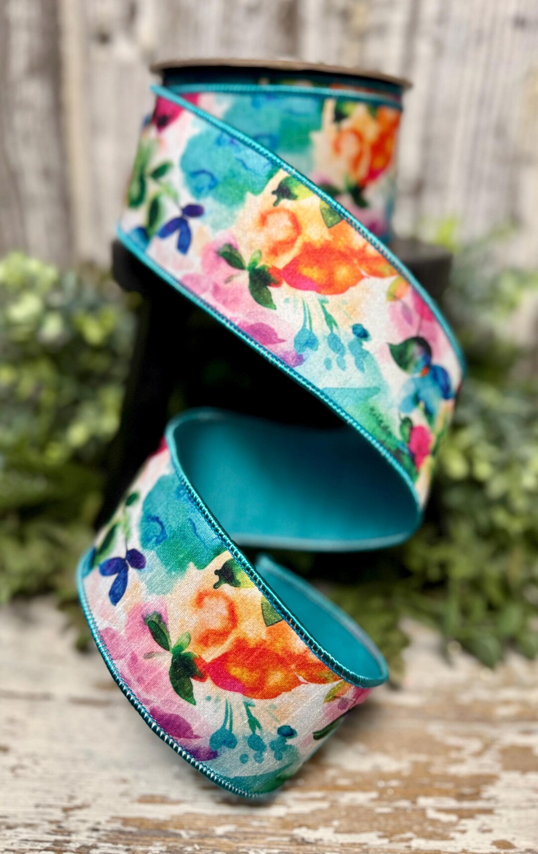 Teal Pink Floral Ribbon, Ribbon for Wreaths, 2.5" Ribbon, Spring Summer ...