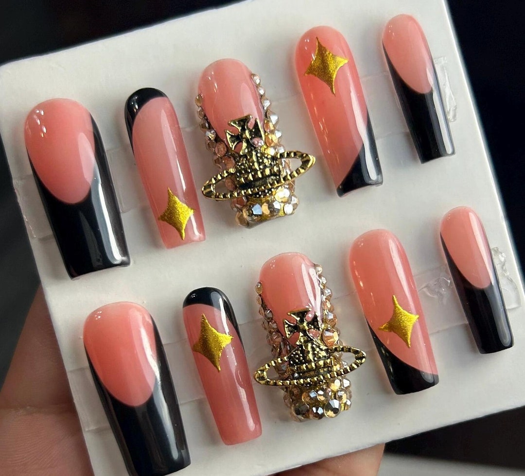 Black French Tip Saturn Charm Press on Nails With Gold Rhinestone ...