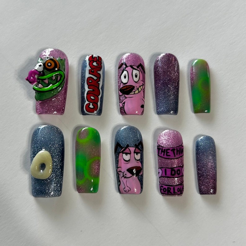 Courage the Cowardly Dog Press on Nails Set 3D Handmade Nail Charms Handpainted Nail Art Cat Eye ...