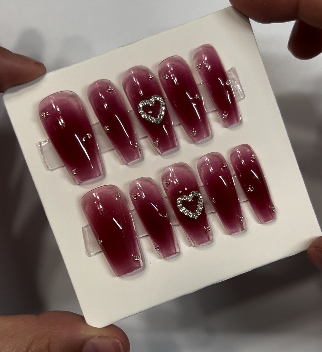 Red Aura Airbrushed Press on Nails Heart Charms and Silver Bead Charms ...