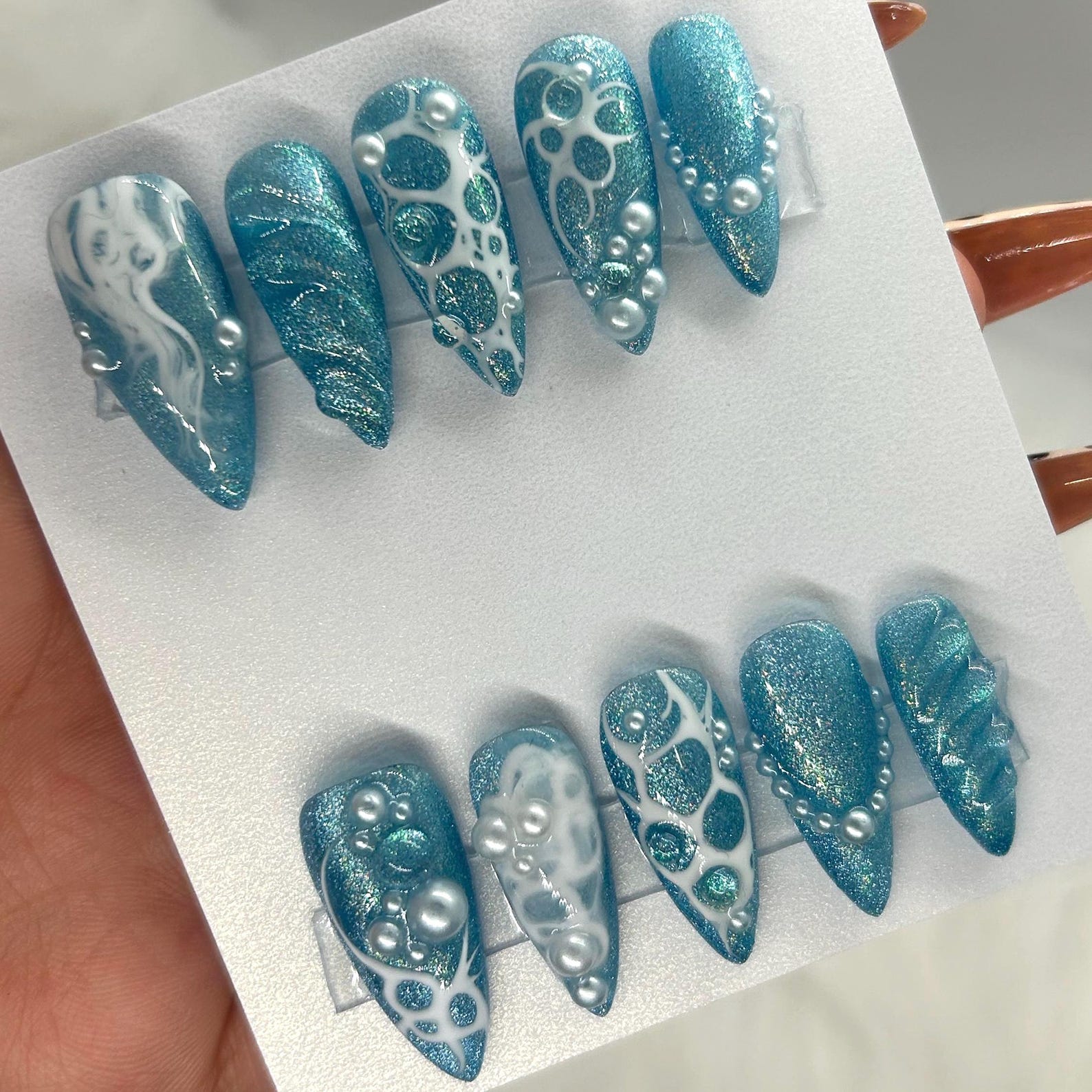 Blue Crystal Cat Eye Press on Nails + White Hexcore Nail Art With ...