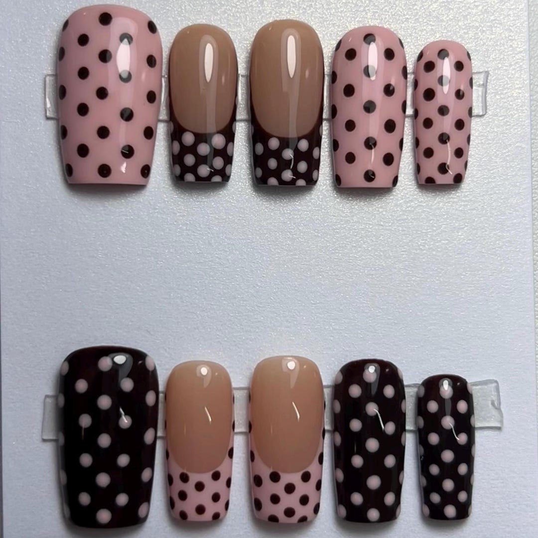 Pink and Brown Polka Dot Press on Nails, With French Tip Accent Nails ...