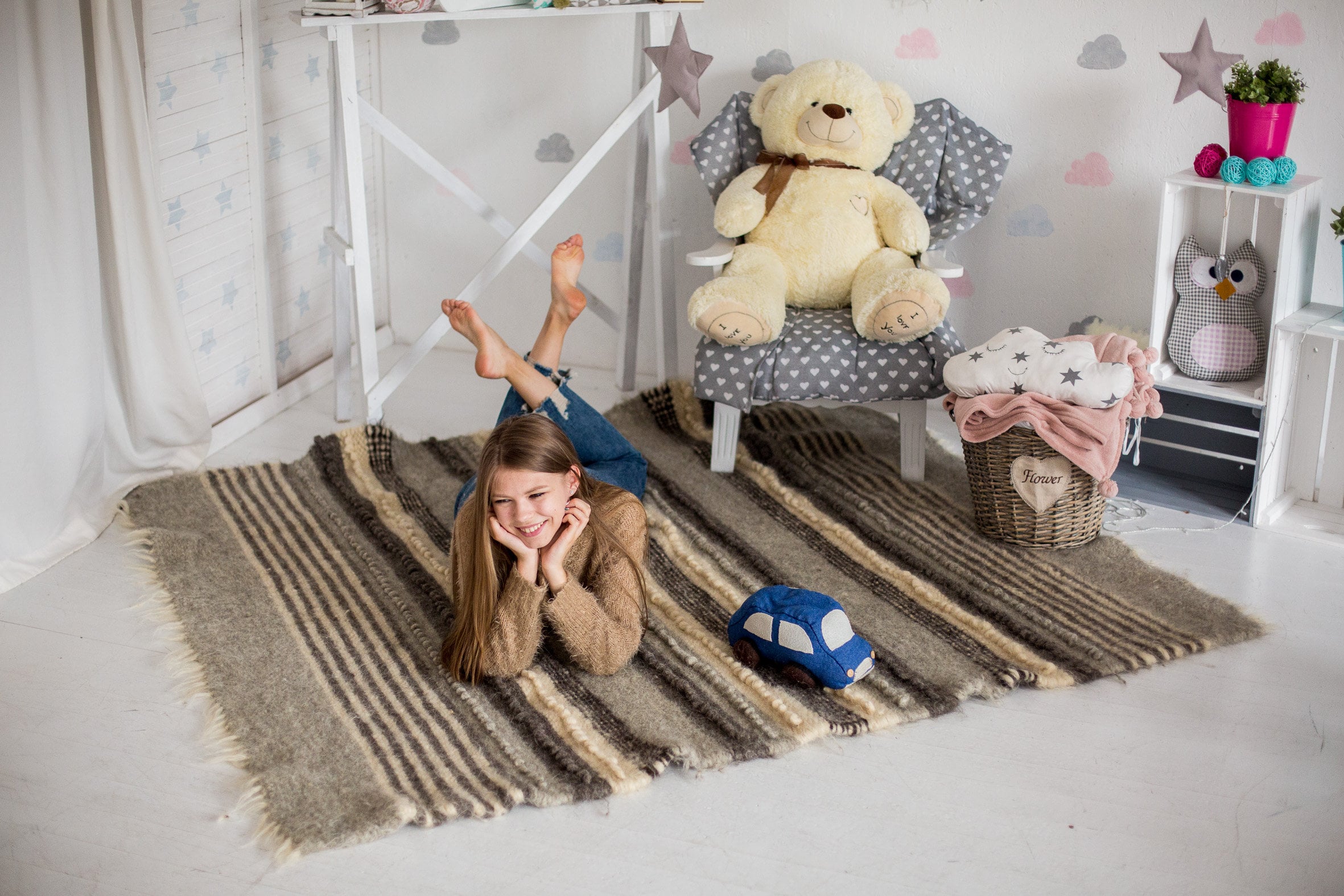 Wool Rug With Pom Pom Stripes. Carpet for Kids. Custom Sizes - Etsy