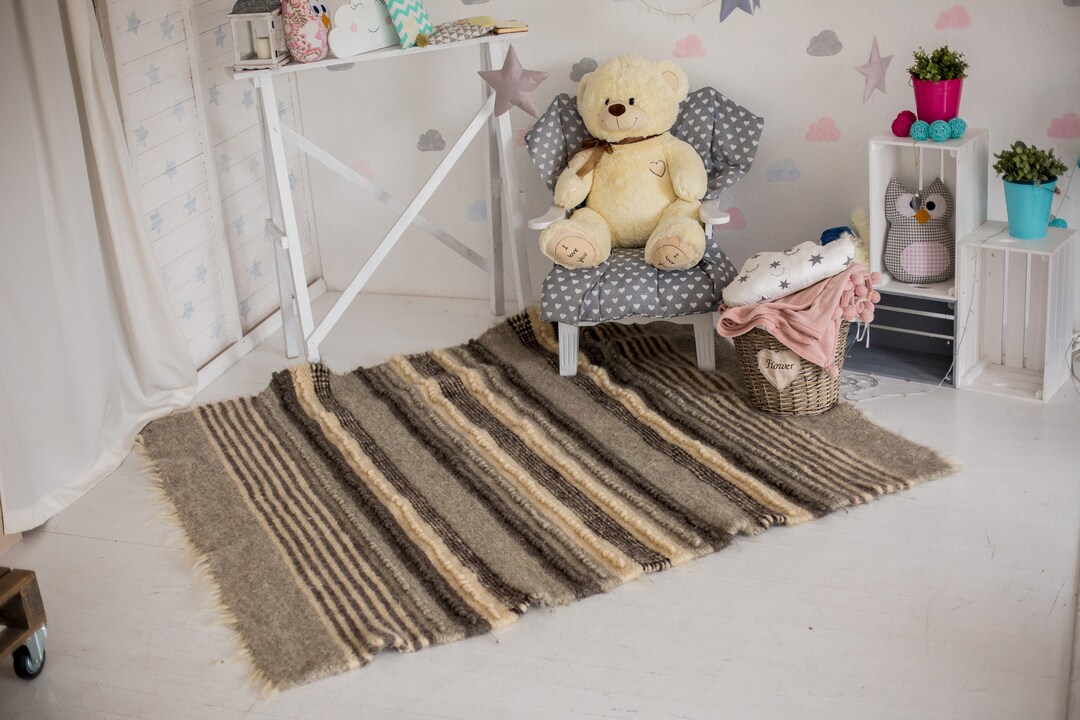 Wool Rug With Pom Pom Stripes. Carpet for Kids. Custom Sizes, Custom ...
