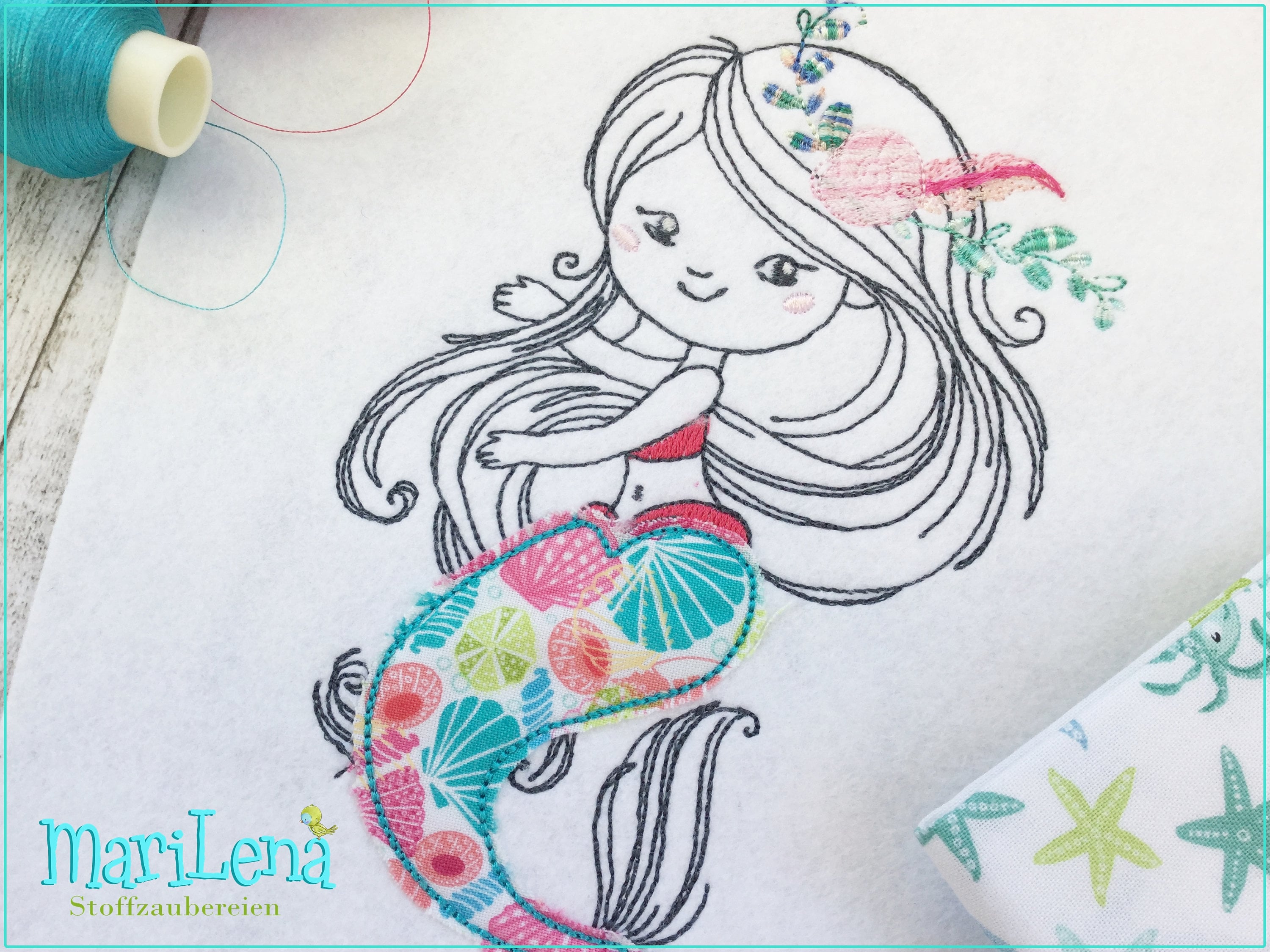 Stickdatei Meerjungfrau Nixe Mermaid 13x18 Redwork Appli embroidery ...