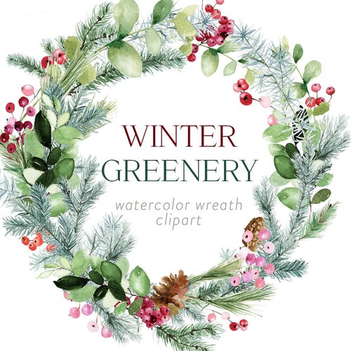 Watercolor Christmas Wreath Clipart Winter Greenery Clipart - Etsy