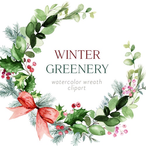 Winter Greenery Single Watercolour Wreath Clipart Winter - Etsy