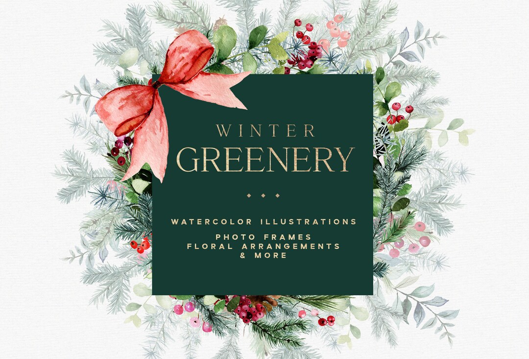 Winter Greenery Watercolor Graphics, Christmas Photo Frame Template ...