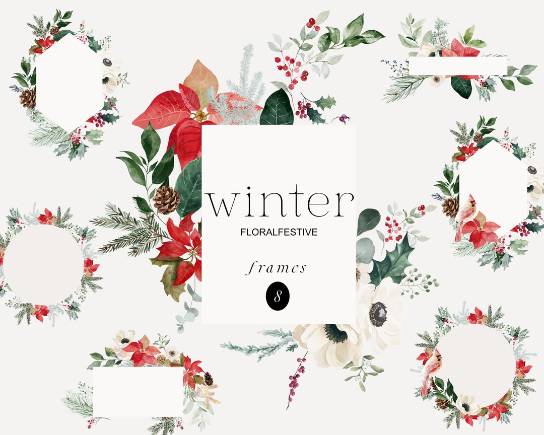 Winter Watercolor Frames -christmas Clipart -premade Frames- Poinsettia ...