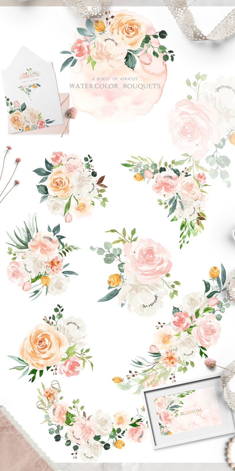 Blush Watercolor Floral Clipart, Peach Rose, Rustic Flowers (PNG) - Etsy