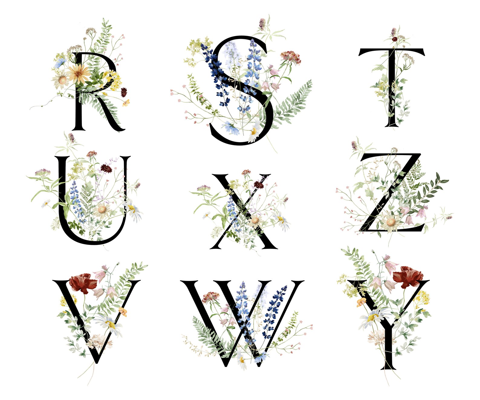 Watercolor Floral Alphabet Clipart, Wildflower Letters (PNG) - Etsy