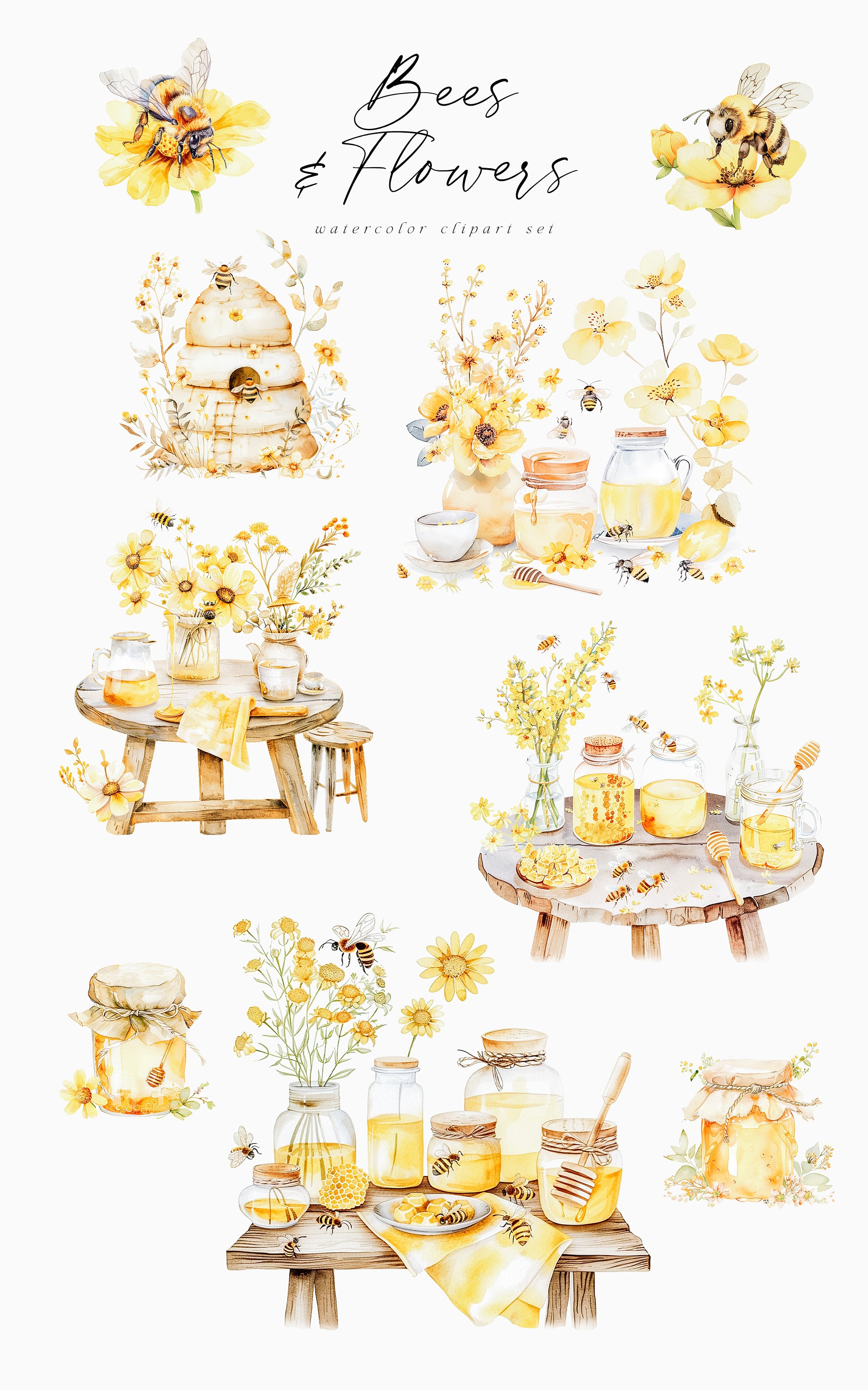 Watercolor Honey Bee Clipart, Floral Clipart (digital Download) - Etsy
