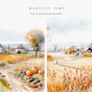 Watercolor Autumn Farm Clipart, Harvest Scenes (PNG Files) - Etsy