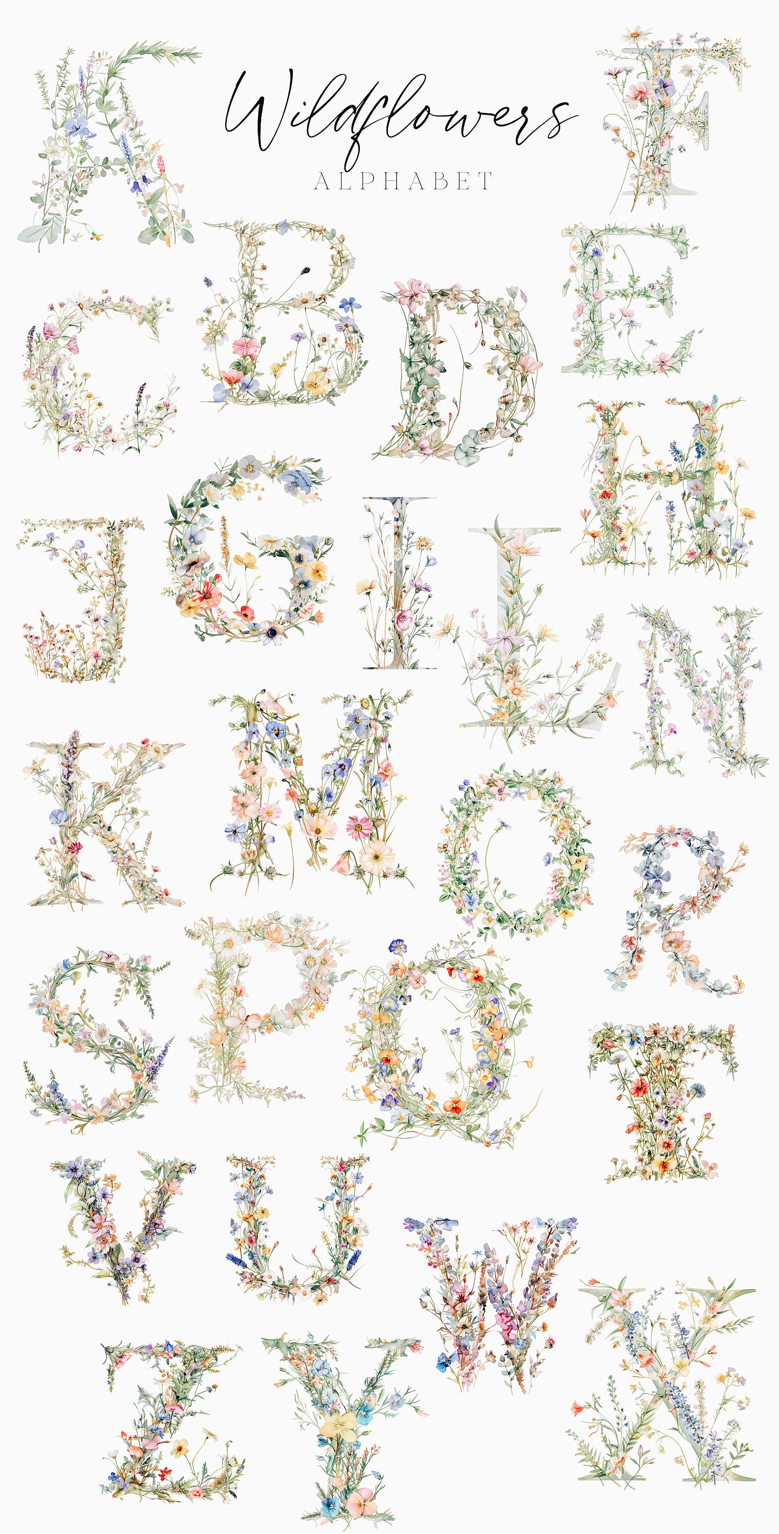 Watercolor Floral Alphabet Clipart, Wildflower Letters (PNG) - Etsy