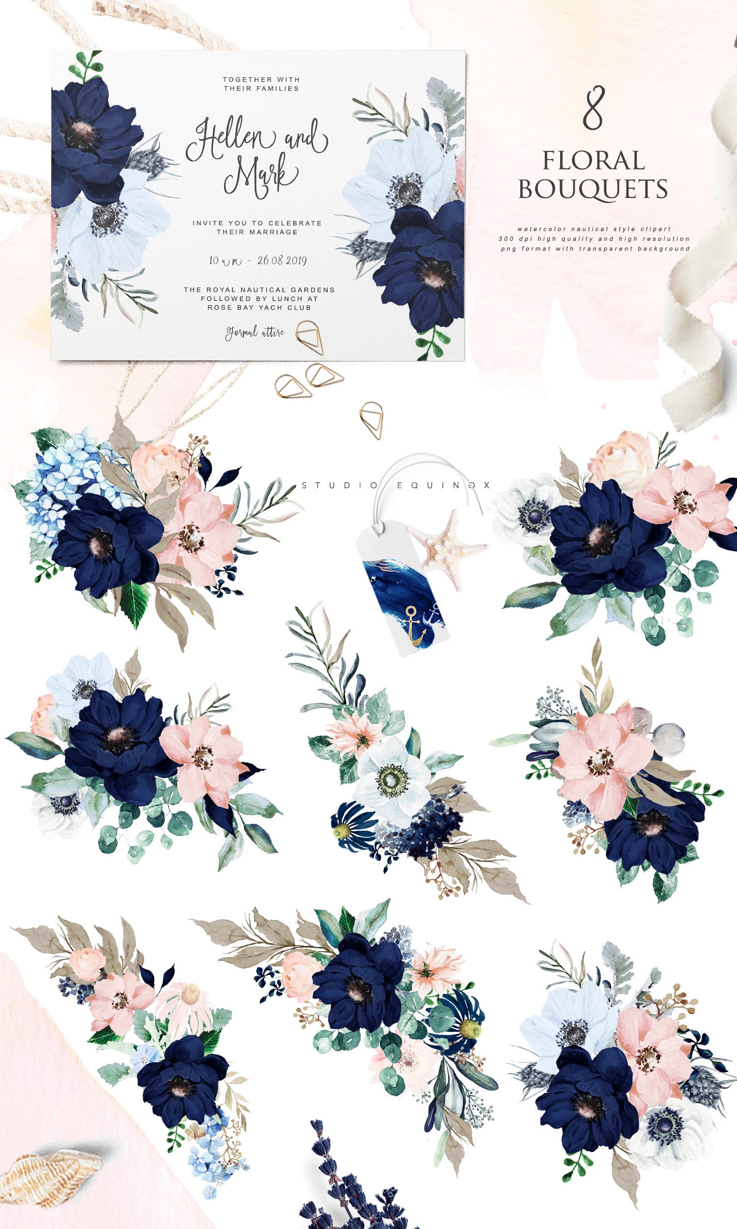 Marina Bloom Navy Blush Watercolor Floral Bouquets Clipart - Etsy
