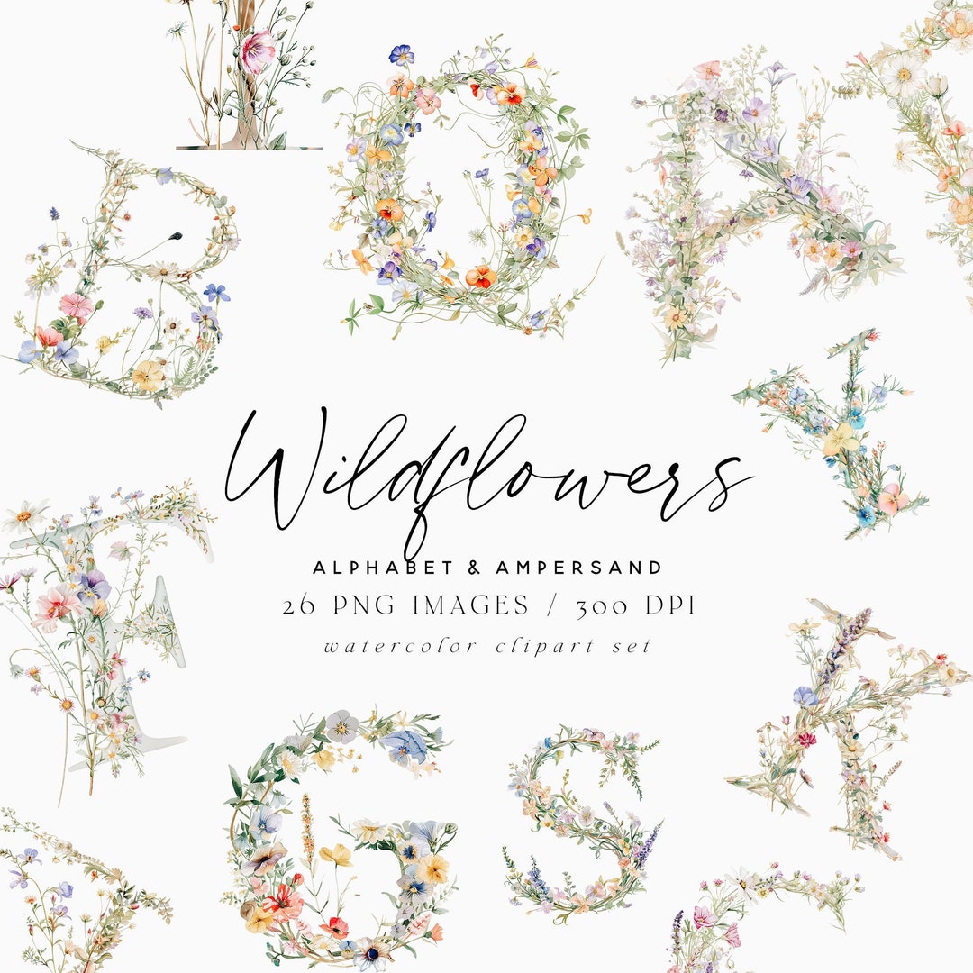 Watercolor Floral Alphabet, Wildflowers Clipart, Floral Letters and ...