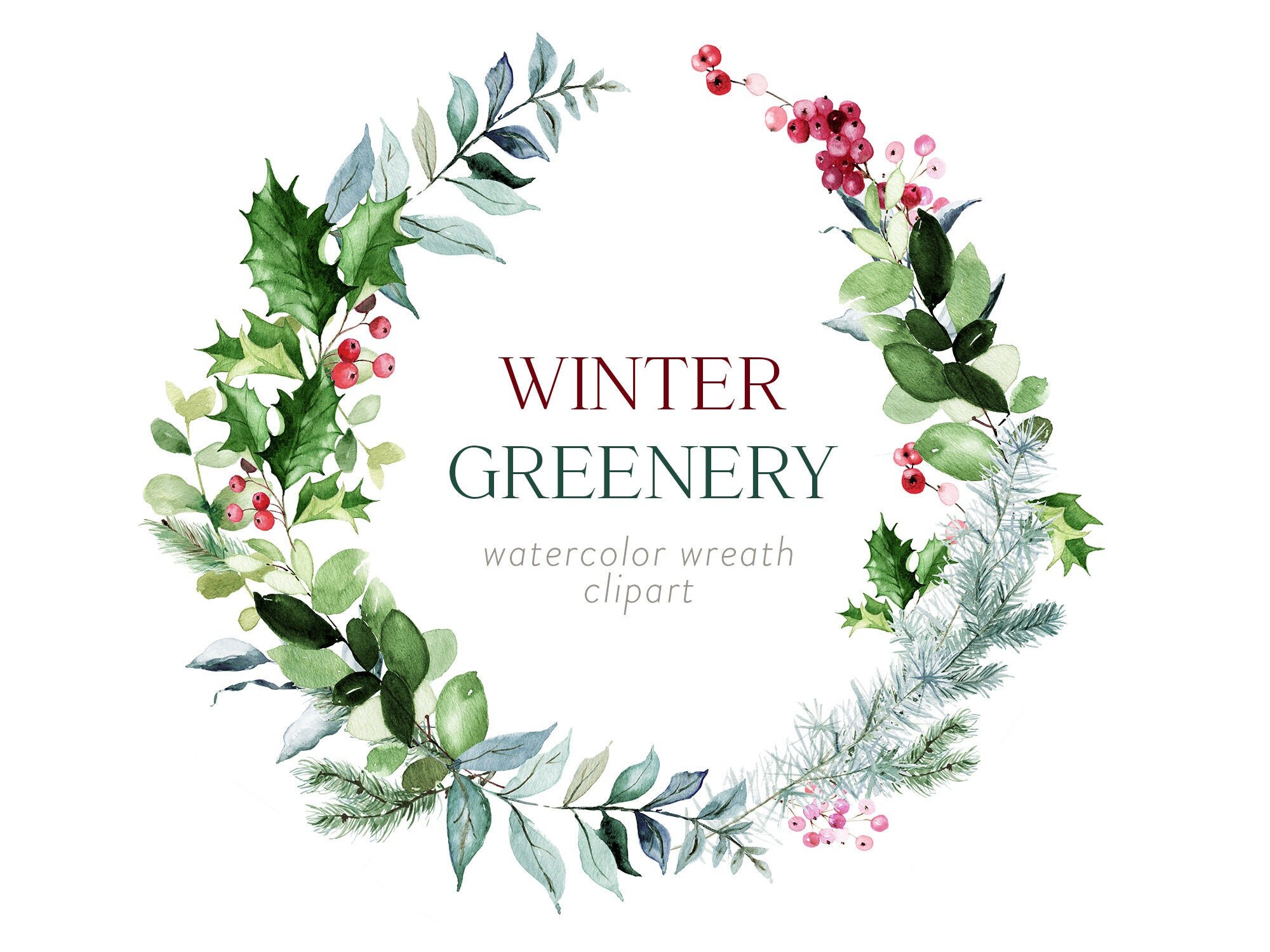 Winter Greenery Single Watercolour Wreath Clipart Winter | Etsy