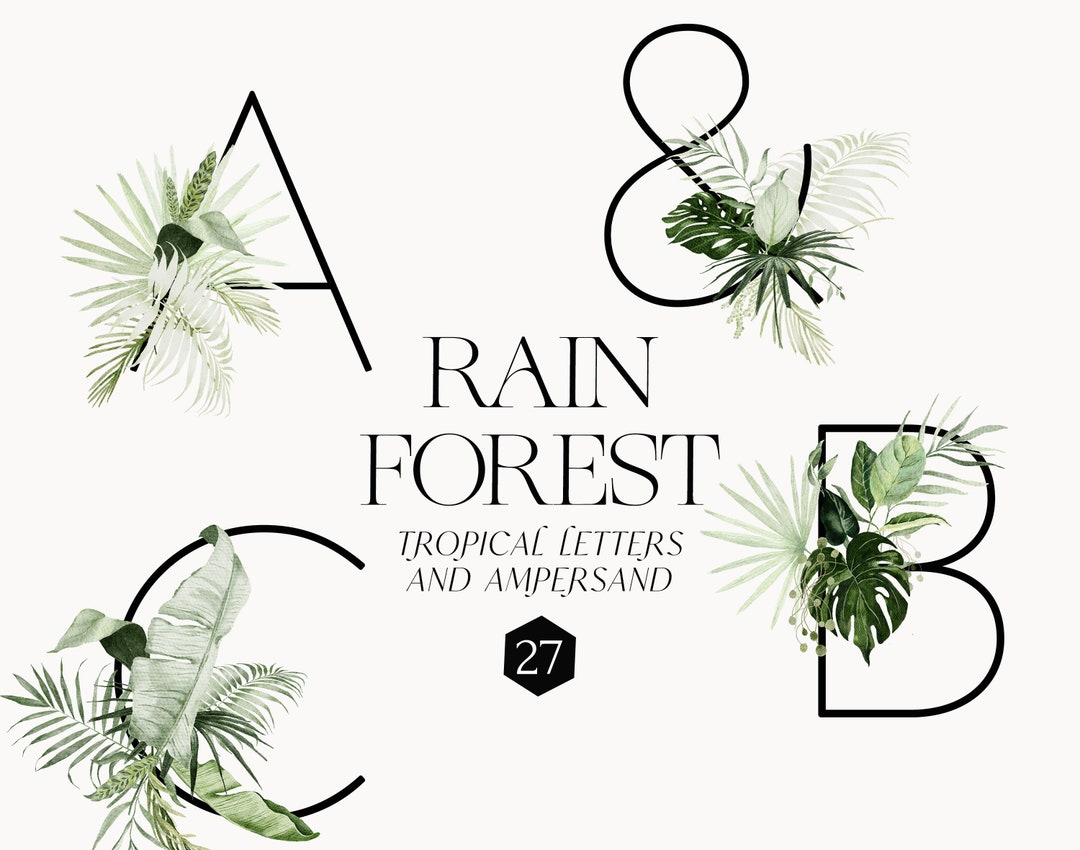 Watercolor Greenery Alphabet and Ampersand, Tropical Alphabet, Tropical ...