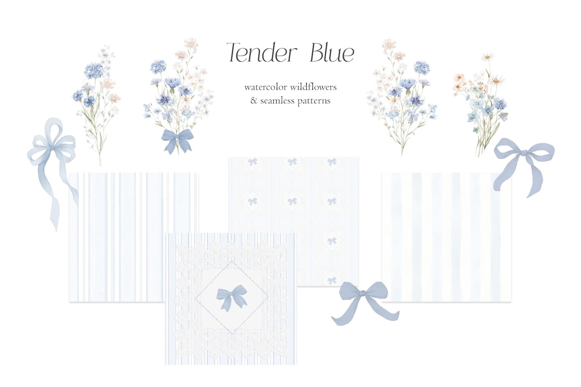 Watercolor Vintage Clipart Set: Blue Wildflowers Arrangements, Seamless ...