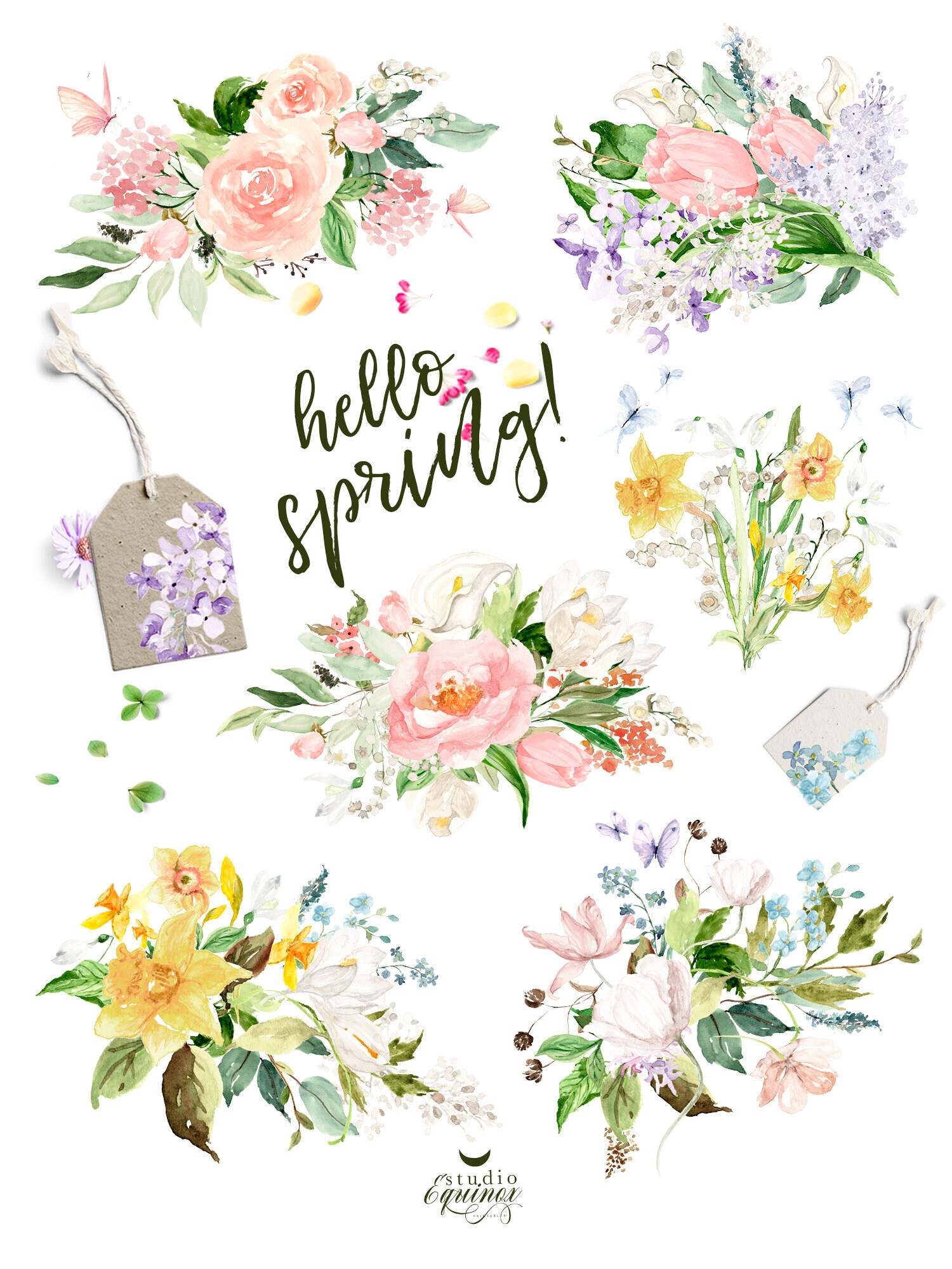 Hello Spring Watercolor Spring Floral Bouquets Watercolor - Etsy
