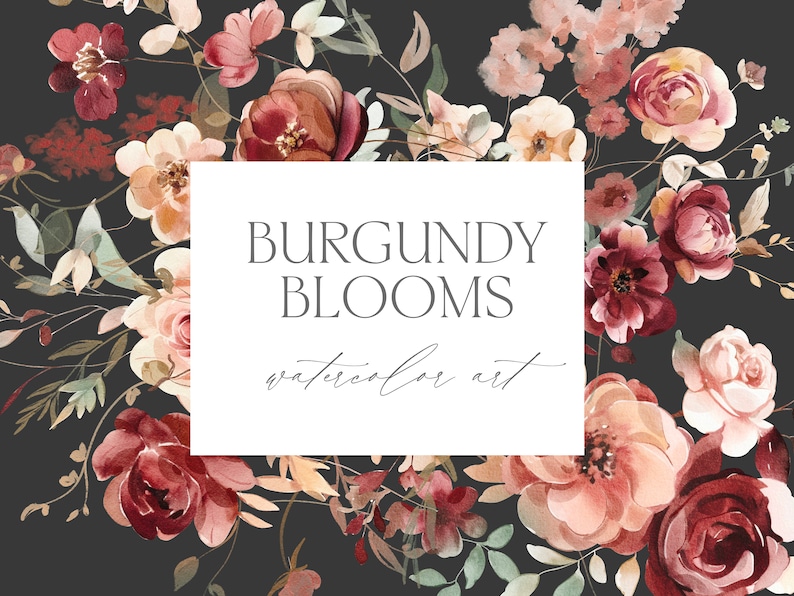 Burgundy Watercolor Flower Clipart – Floral Bouquets, Borders (digital ...