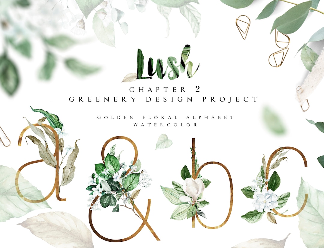 Watercolor Floral Alphabet, Gold Letters, Greenery Monogram (PNG) - Etsy