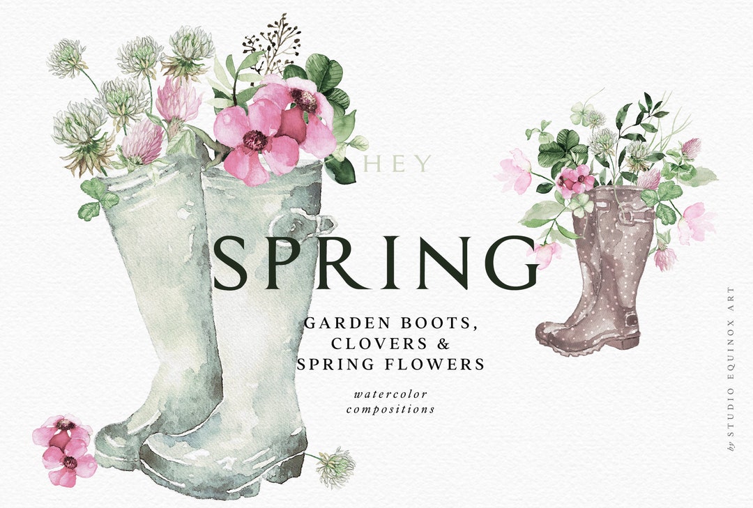 Hey Spring Watercolor Garden Boots Composition, Watercolor Flower ...