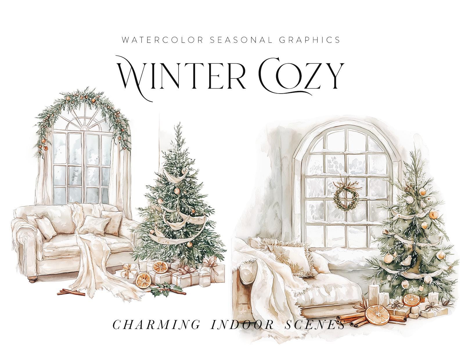 Christmas Watercolor Clipart, Winter Indoor Scenes (PNG, PDF) - Etsy