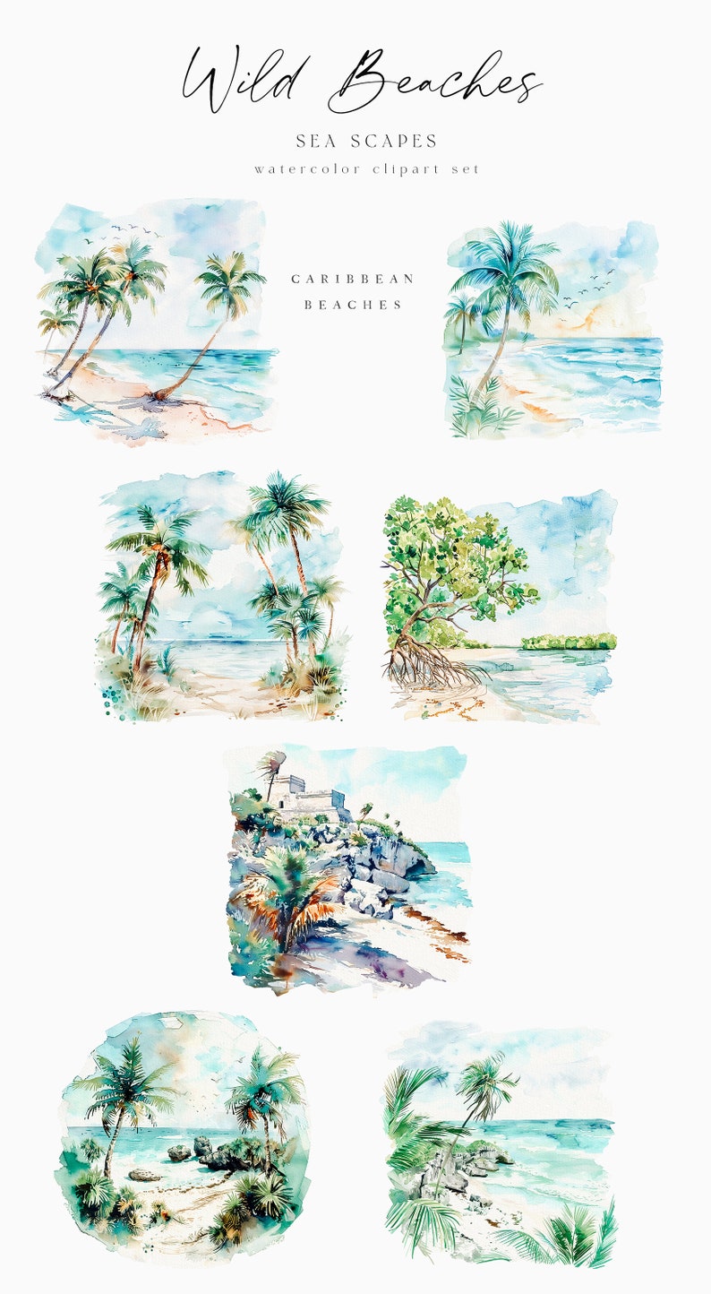 Watercolor Beach Clipart, Wild Sea Scapes, Coastal PNG Images (digital ...