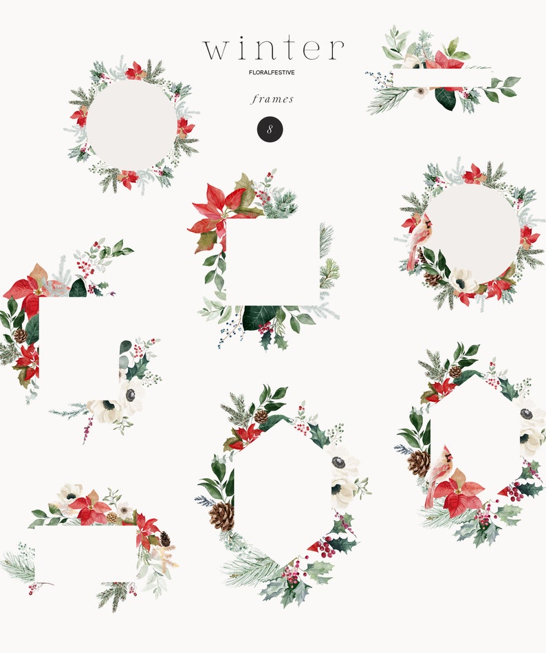 Winter Watercolor Clipart Christmas Flowers Pine Clipart - Etsy