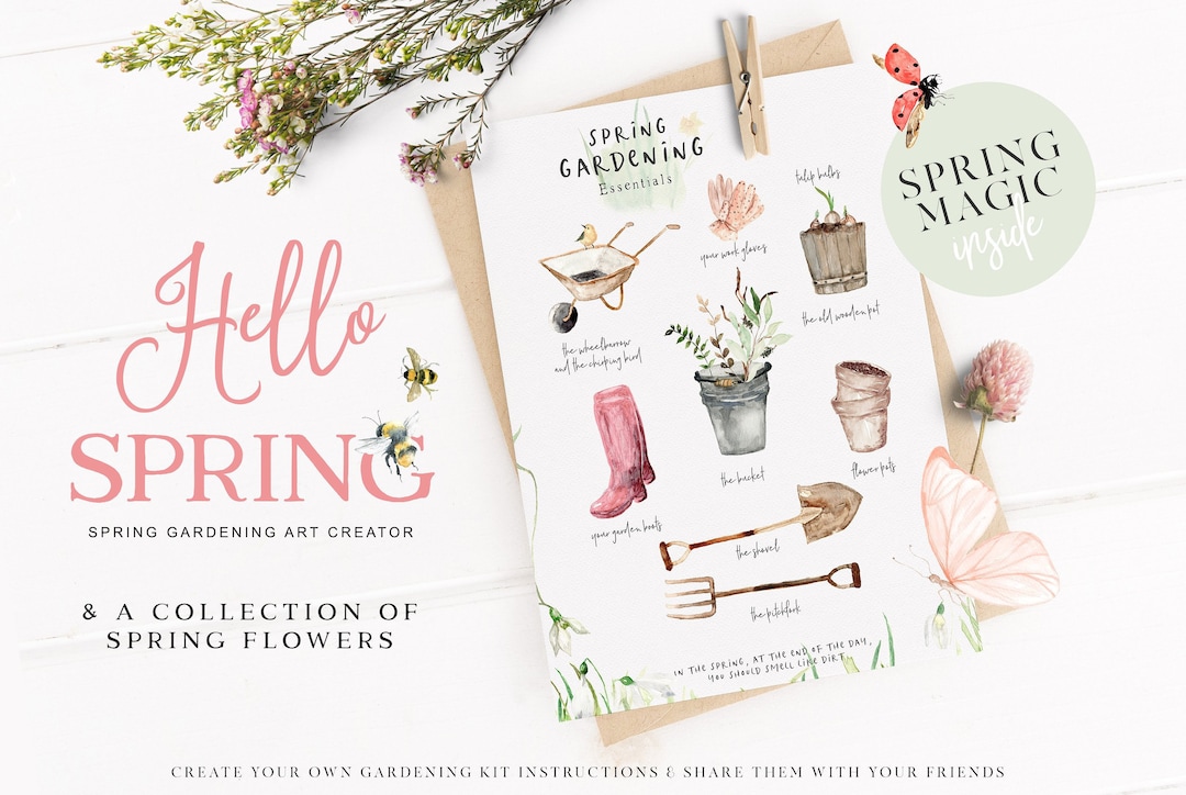 Watercolor Spring Gardening Clipart Set, Garden Tools, Flowers (digital ...