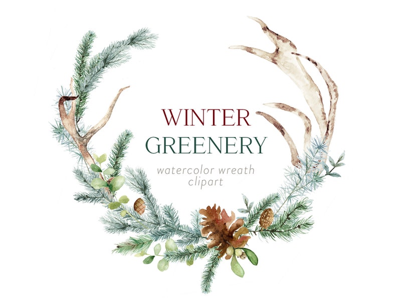 Winter Greenery Single Watercolour Wreath Clipart Winter | Etsy