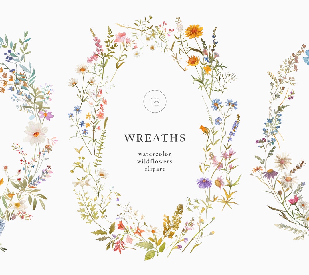 Watercolor Wildflower Wreaths Clipart, Floral Arrangements (digital ...