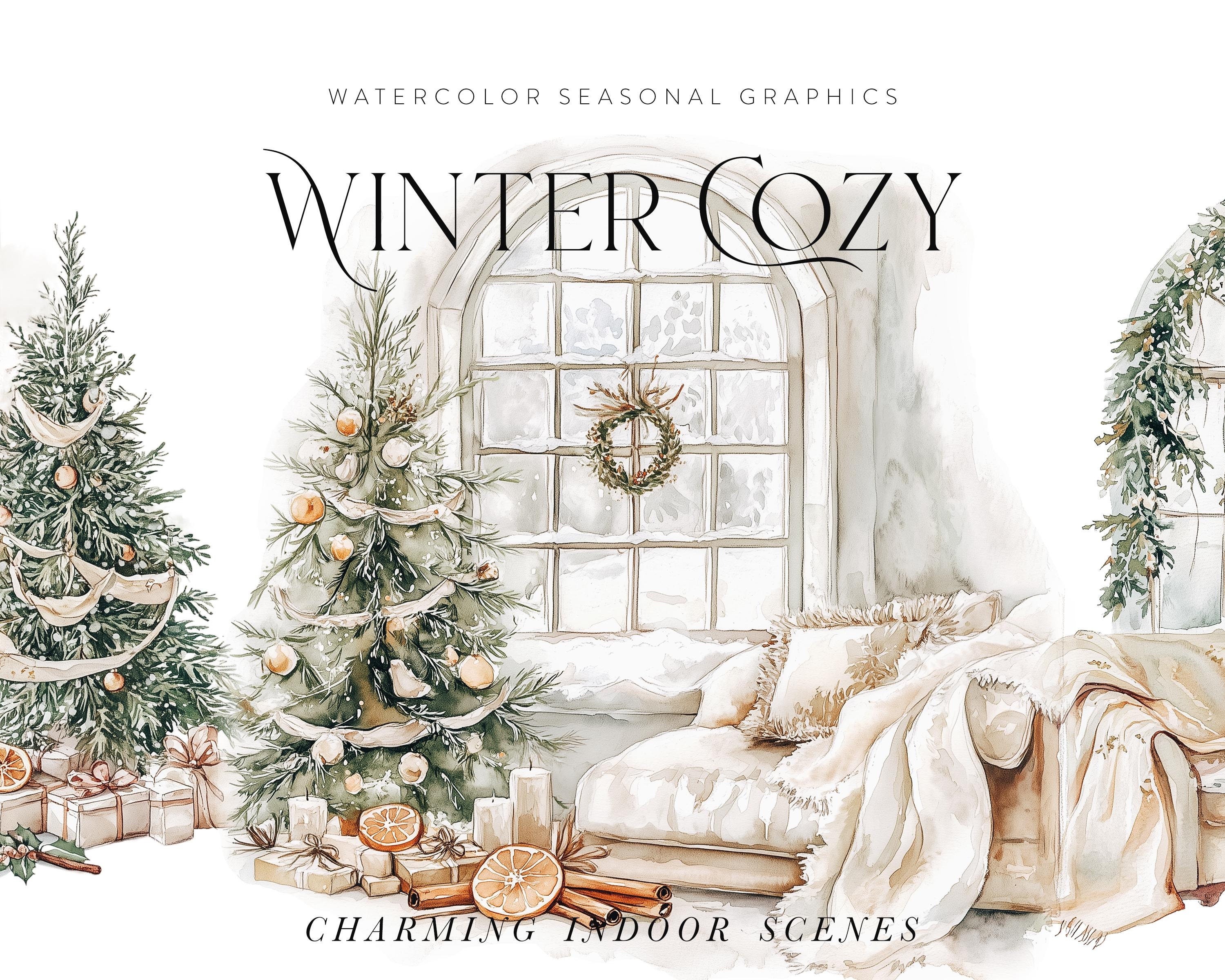 Christmas Watercolor Clipart, Winter Indoor Scenes (PNG, PDF) - Etsy
