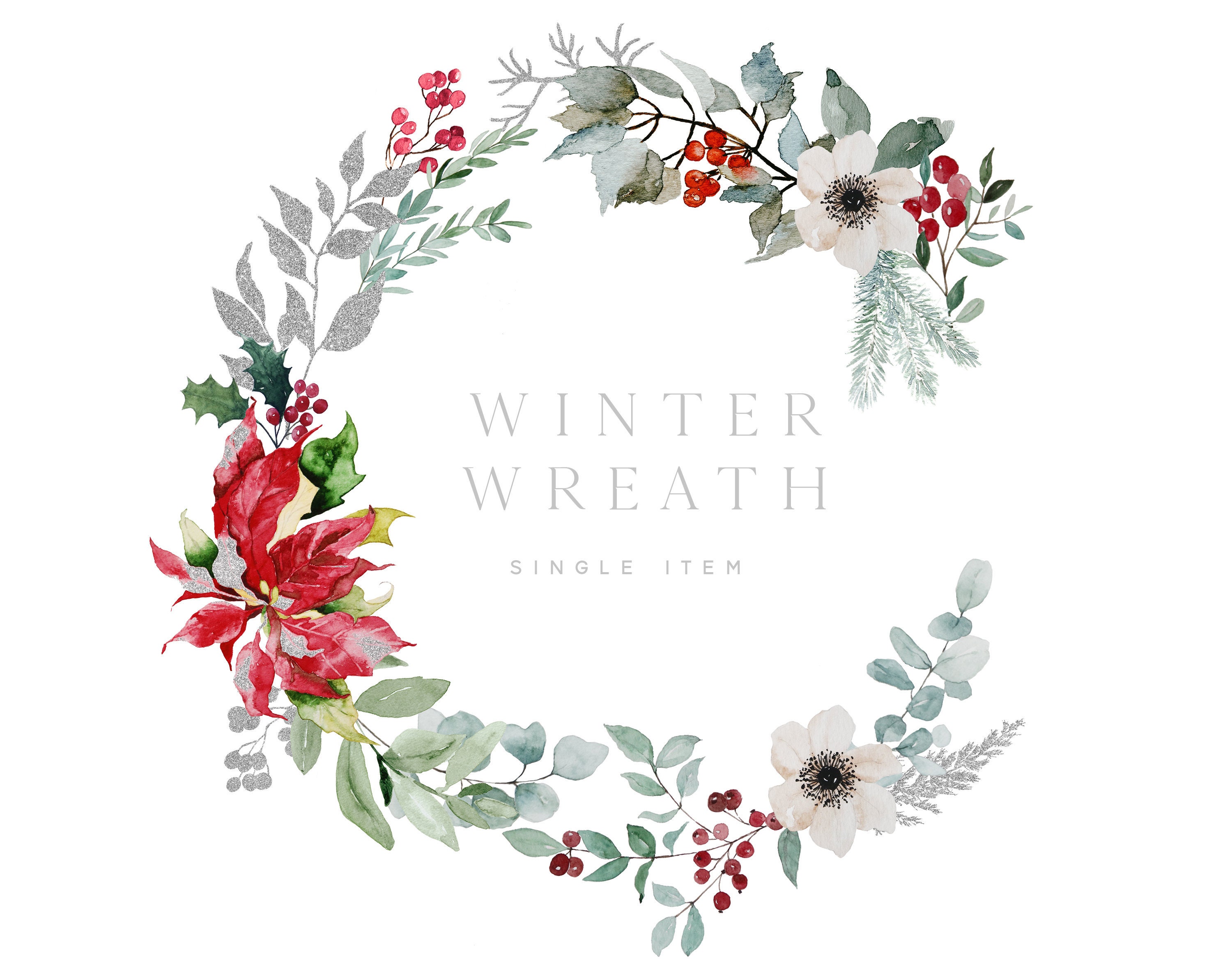Watercolor Winter Wreath Clipart Watercolor Christmas Wreath | Etsy