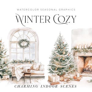 Christmas Watercolor Clipart, Winter Indoor Scenes (PNG, PDF) - Etsy