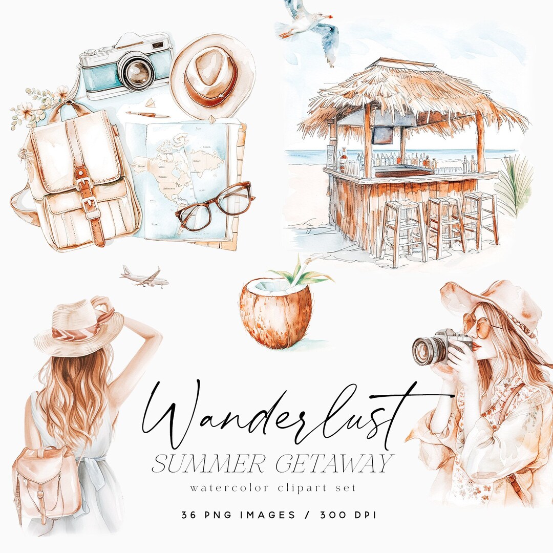 Watercolor Travel Clipart, Summer Getaway Clipart, Travel Essentials ...